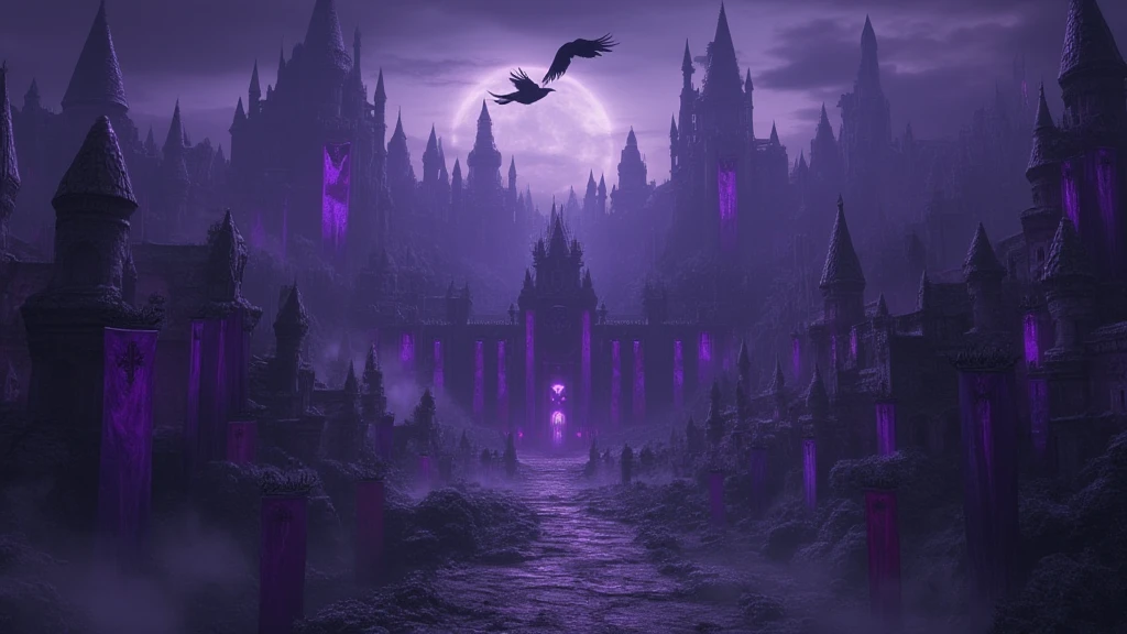 A medieval huge gloomy Gothic city hung with purple flags. The moon is ...
