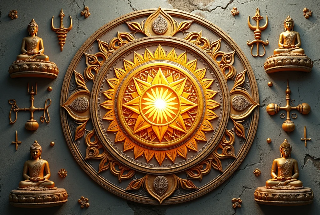 A hyper-realistic and ornate mandala carved into aged stone, inspired ...