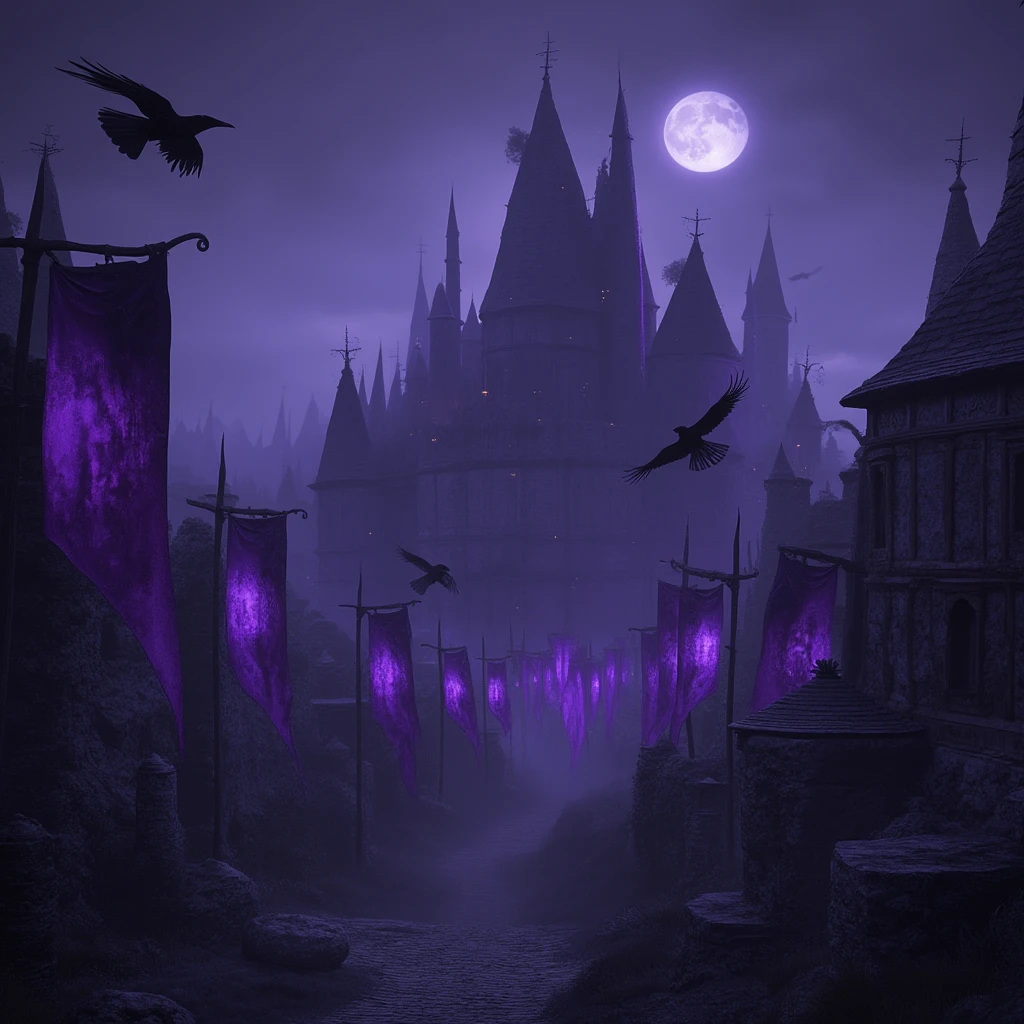 A medieval huge gloomy Gothic city hung with purple flags. The moon is ...
