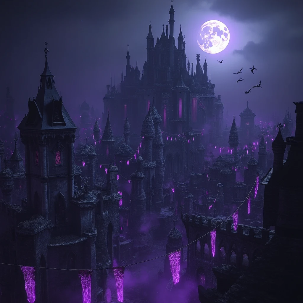 A medieval huge gloomy Gothic city hung with purple flags. The moon is ...
