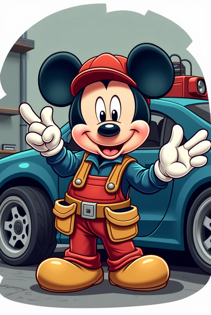 A logo of mickey mouse repairing a motor car wearing garagist clothes ...