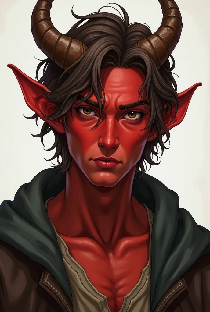 A frontal portrait of a young male tiefling from the world of Dungeons ...