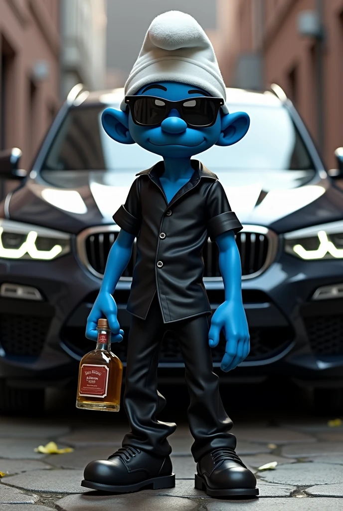 A male Smurf in a black shirt and black pants and blue sunglasses ...