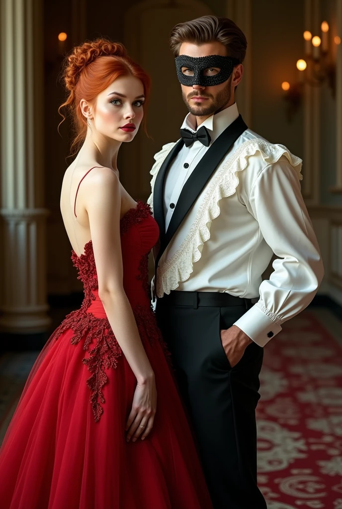 Create image of two people: a beautiful redheaded girl, elegant red ...