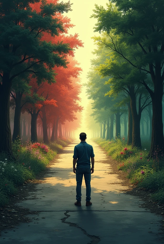 A man standing at a crossroads, facing two distinct paths that ...
