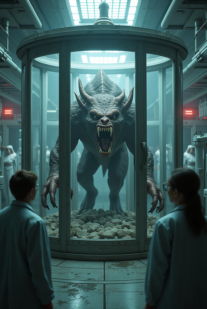Create me an image of a scary animal in a laboratory and stuck in a ...