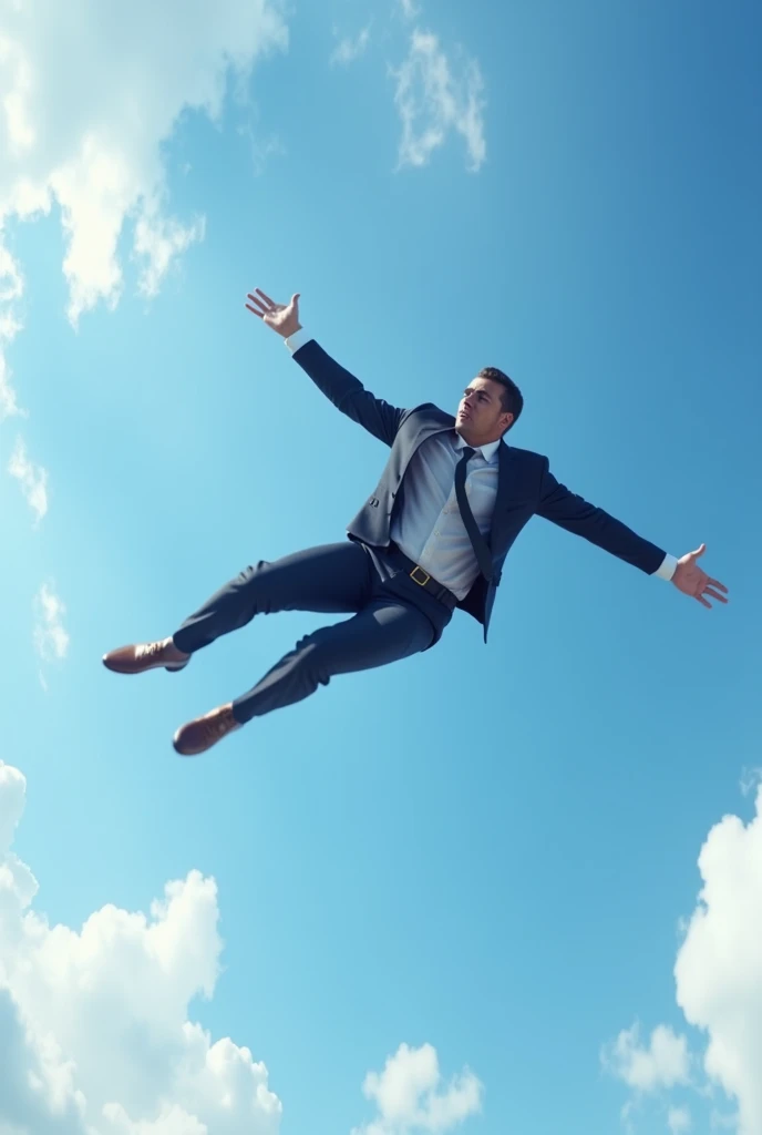A third-person view of a suit and tie falling rapidly at high altitude ...