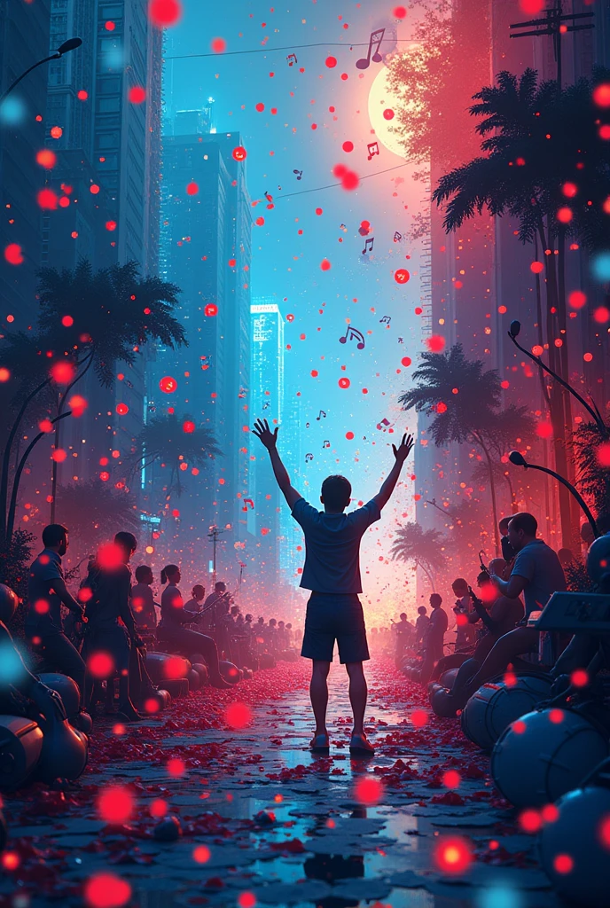 Create an image of a happy 2025 with musical notes in the color blue ...