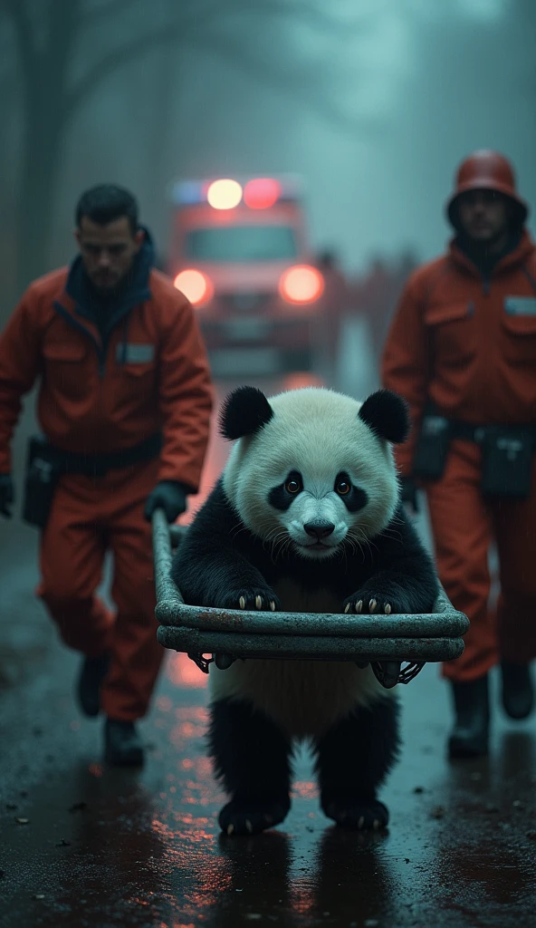 A group of animal rescuers gently carries the injured panda and baby ...