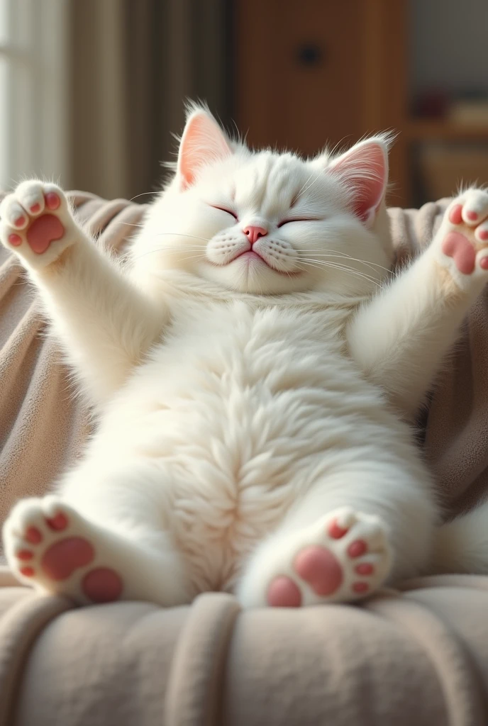 Realistic photo, white fluffy cat, lying on its back, stretched out its ...