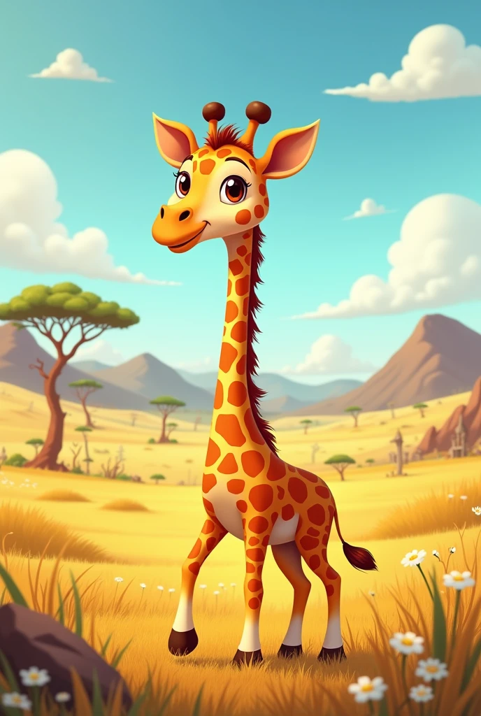 Create me Lulu , a friendly cartoon giraffe in the savanna for a story - SeaArt AI