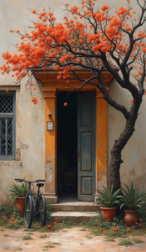 Monet brush strokes of a whimsical but surreal scene, an acacia tree ...