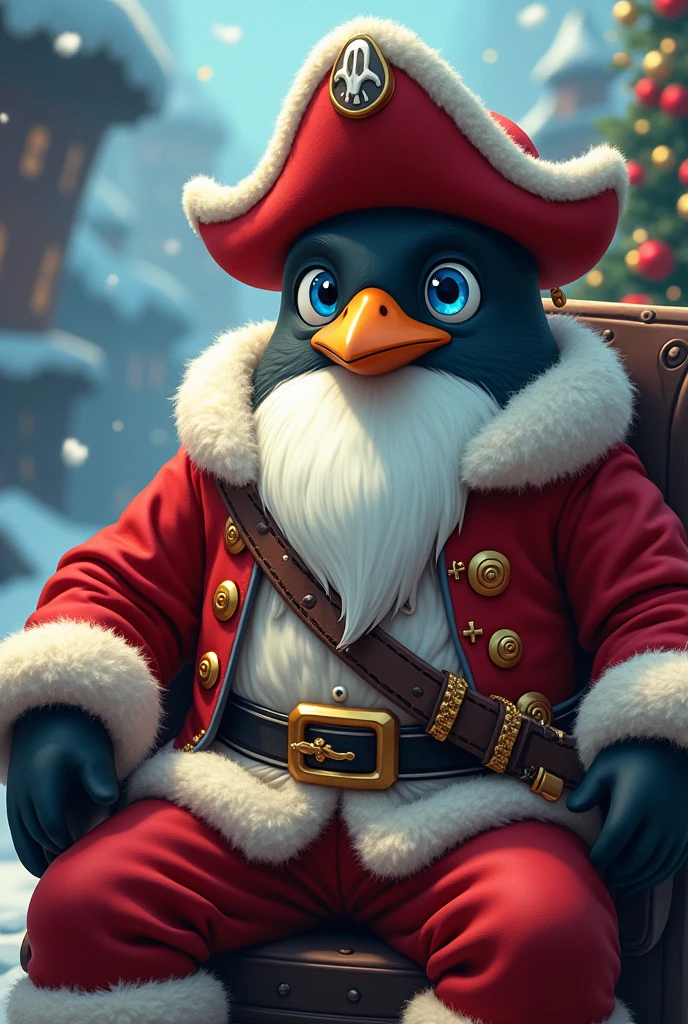 A cartoon penguin dressed in a Santa Claus costume sitting on Santa ...
