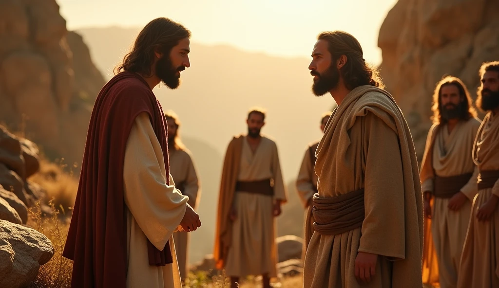 A stunning, cinematic shot of Jesus standing with His disciples in a ...