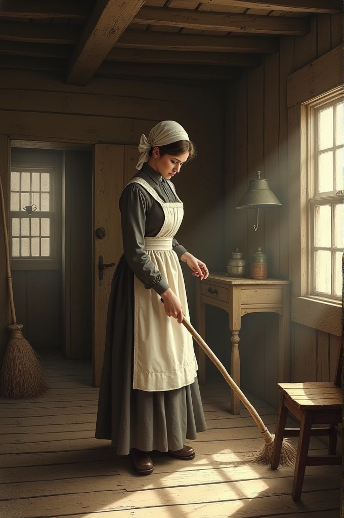 A vintage scene of a traditional home in the 1800s with a woman ...