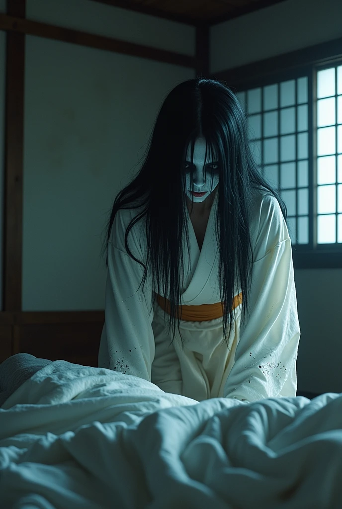 A haunting scene of a Japanese Onryo spirit watching over someone as they sleep - SeaArt AI