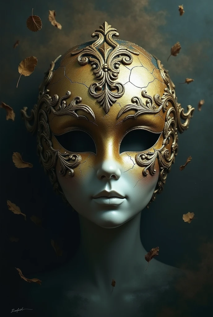 The image presents an ancient and cracked Venetian mask , with aged ...