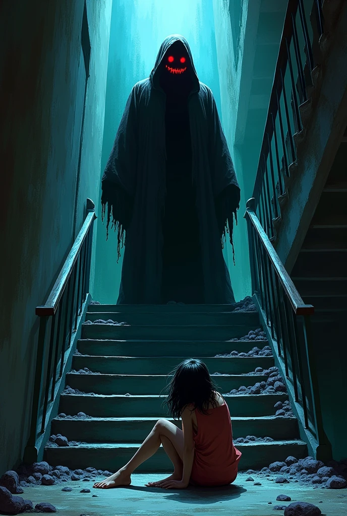 Depict a shadowy figure (tall, glowing red eyes, tattered clothing ...