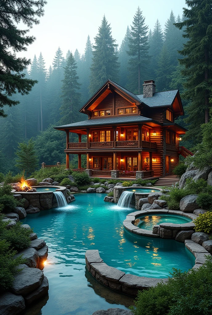 A luxurious log cottage nestled in the forest with warm lighting ...
