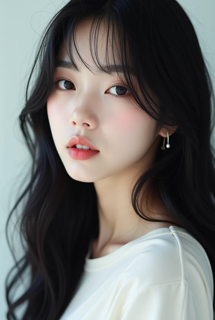 A close up of a woman with long black hair and a white top, an album ...