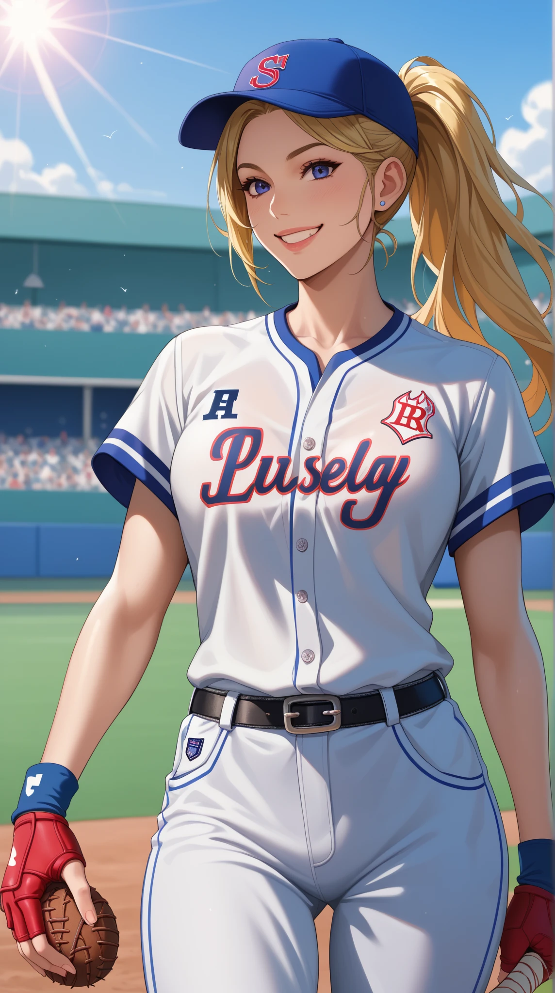 Young female,baseball player, fit and tall physique, blonde or golden ...