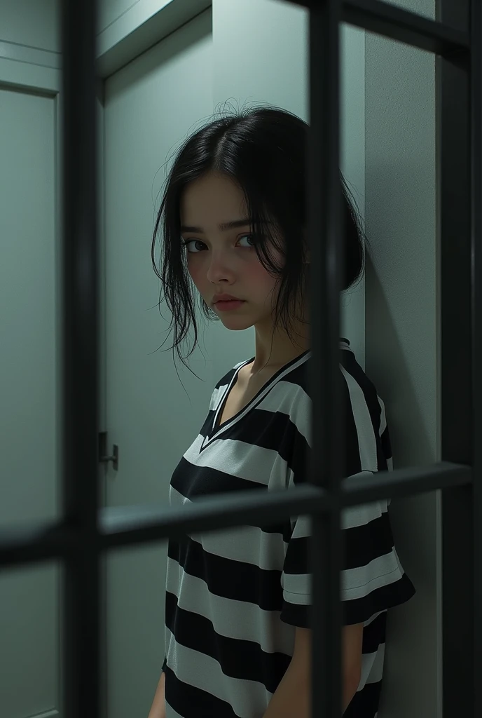A girl is in prison and she is wearing a white and black straiped color ...