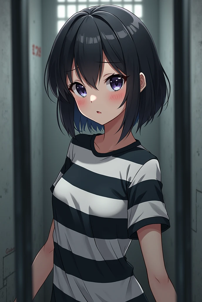 A anime girl is in prison and she is wearing a white and black straiped ...