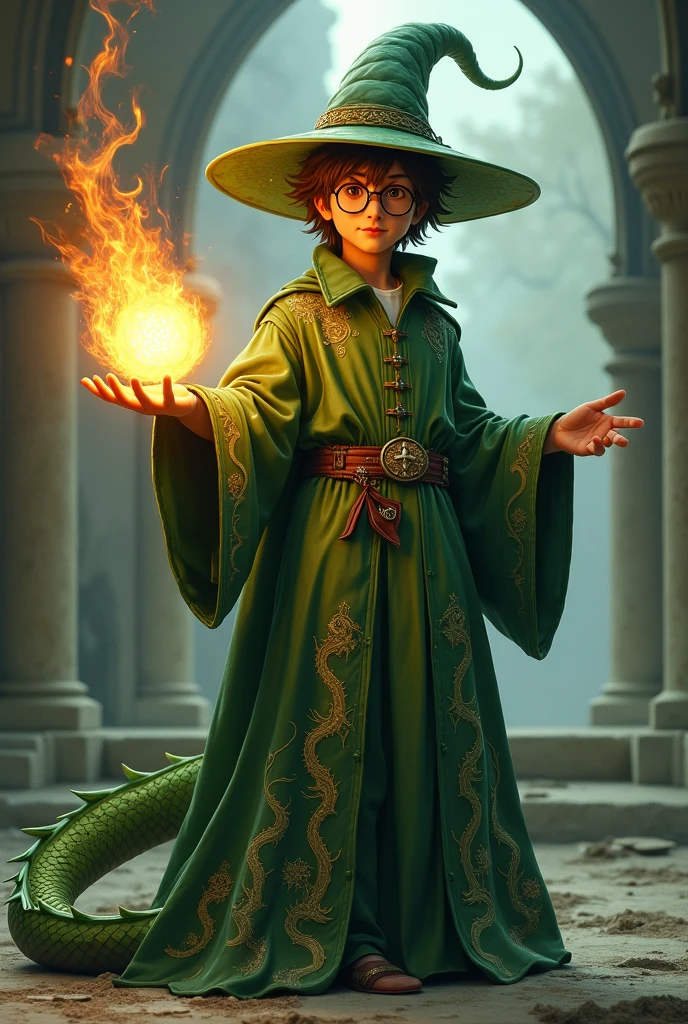 Wizard man, with a long green hat, robes with dragon figures - SeaArt AI