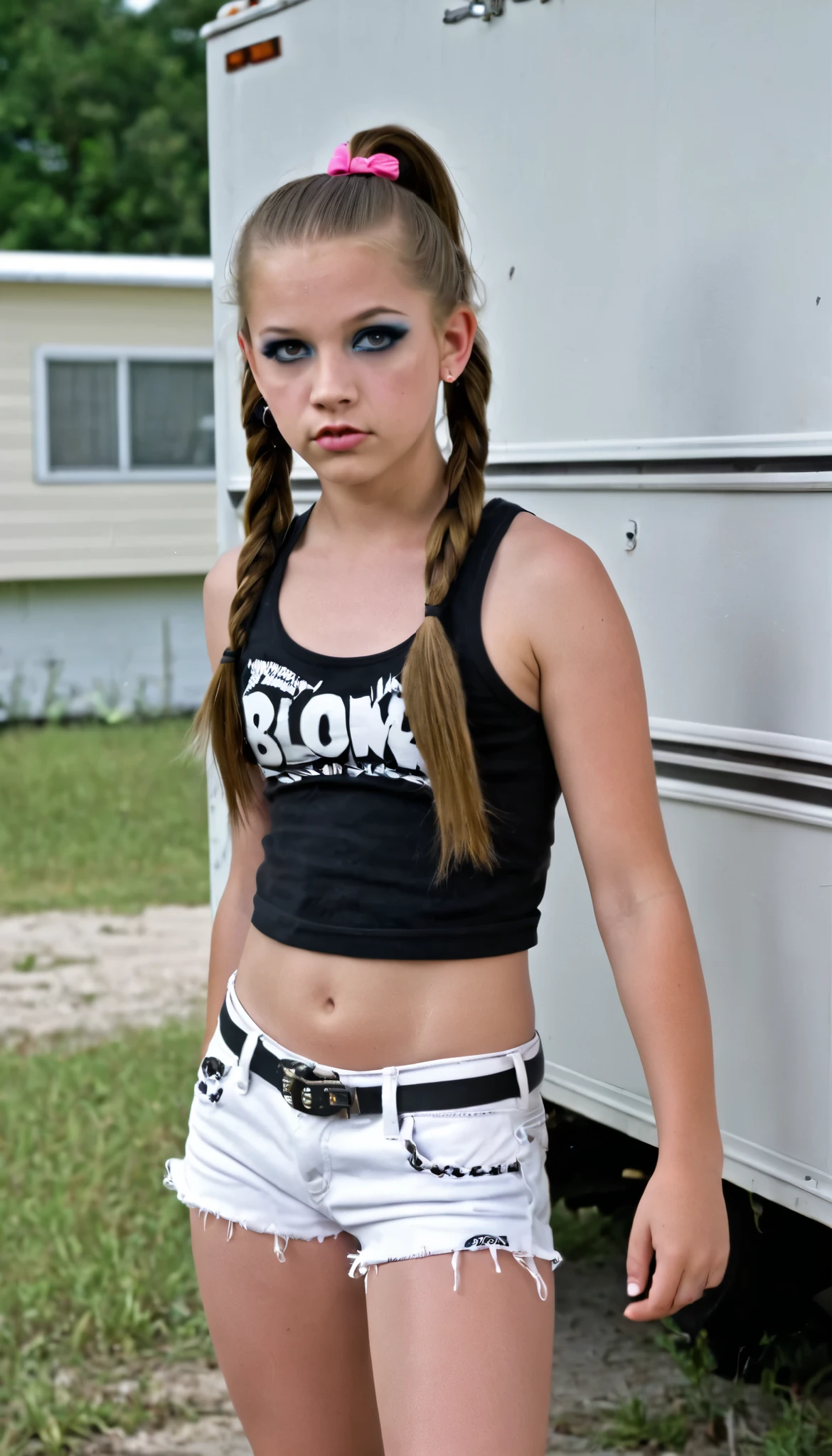 Arafed Girl With A Black Shirt And White Shorts Standing In Front Of A