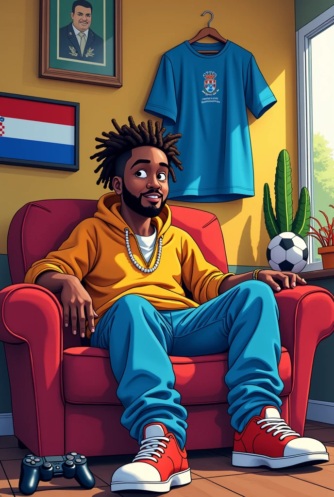 Create a Cartoon-style man sitting on the couch wearing rap clothes ...