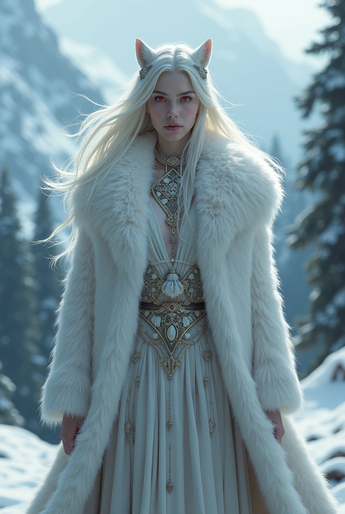 A young queen of the wolf empire with white hair, red eyes and a white ...