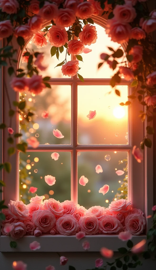 Imagine a whimsical scene filled with blooming pink roses cascading ...