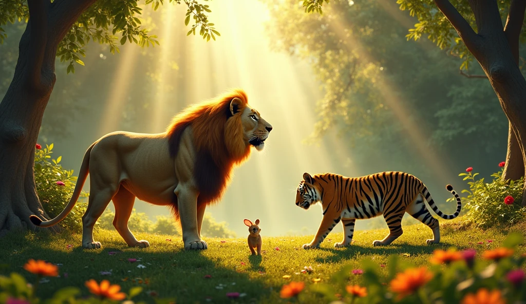 In a vibrant jungle clearing, a proud and majestic lion stands tall ...