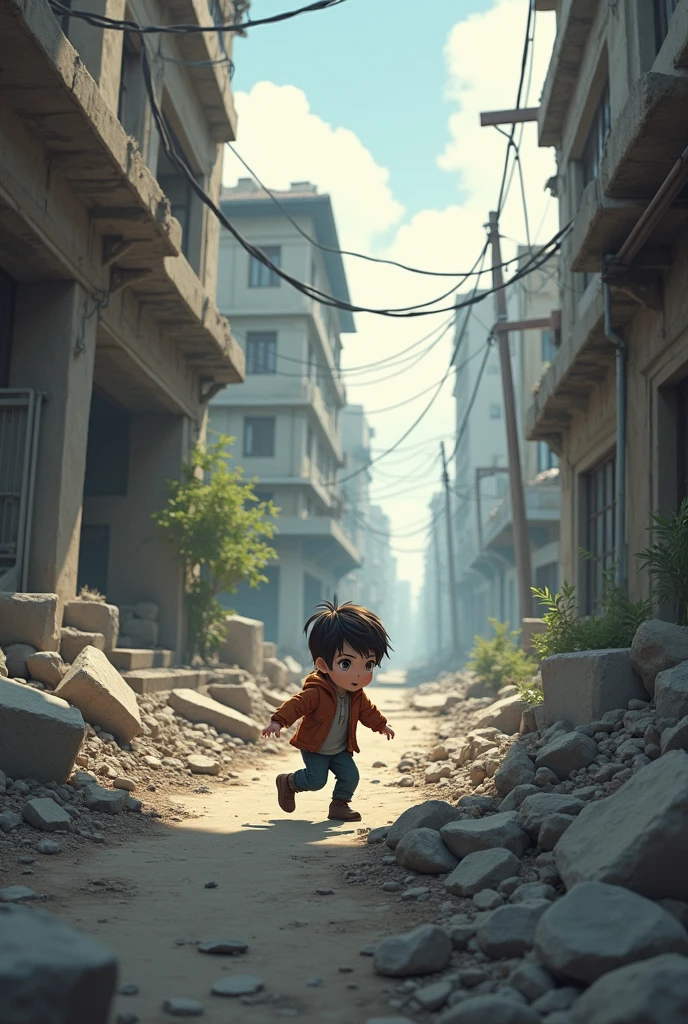 Ren playing in a at street ,rubbles,stones,wood,back ground after war ...