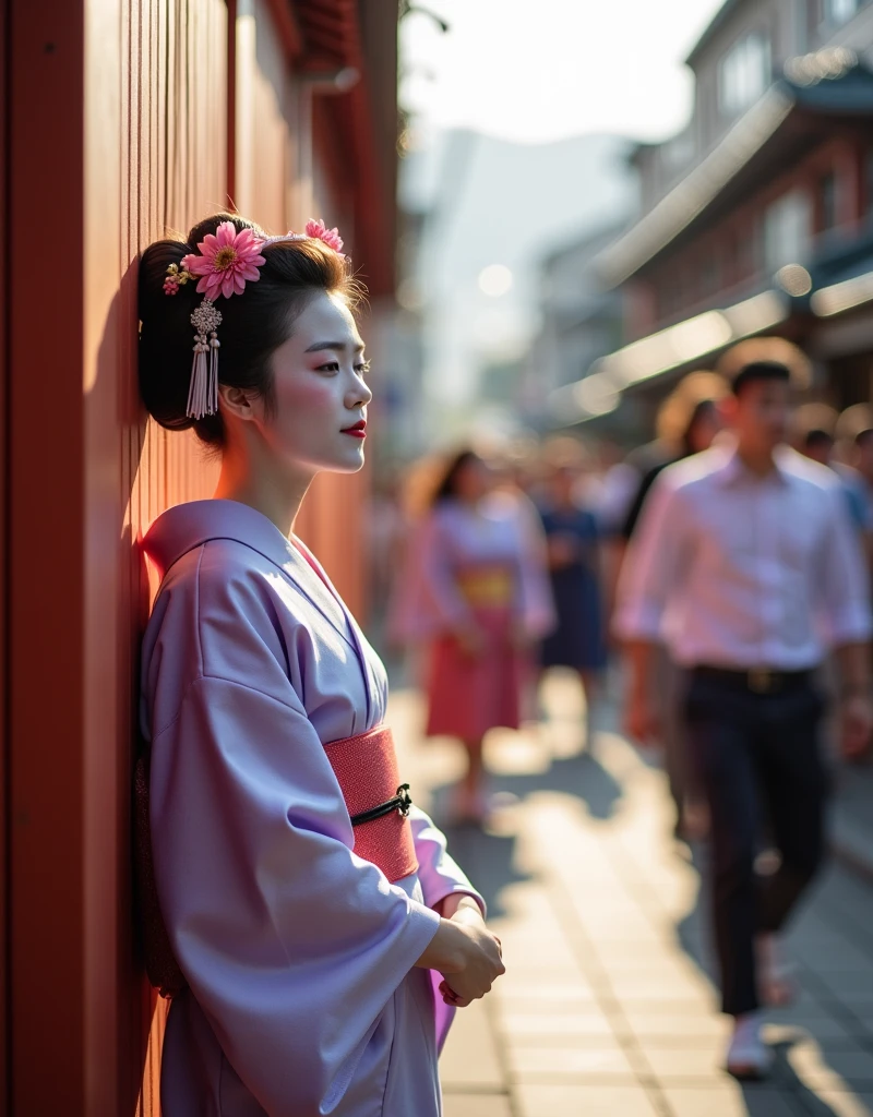Geisha woman, a geisha woman in a yukata stands still leaning against a ...