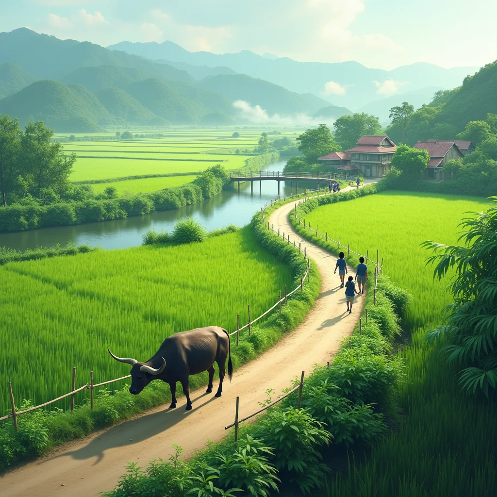 Imagine a serene scene in rural Vietnam: vast, green rice fields ...