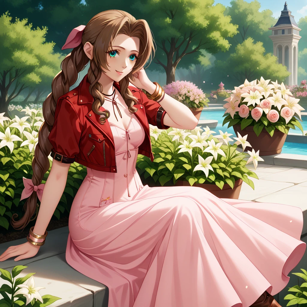 (masterpiece:2.0), Alone, (((( Aerith Gainsborough , red cropped jacket ...