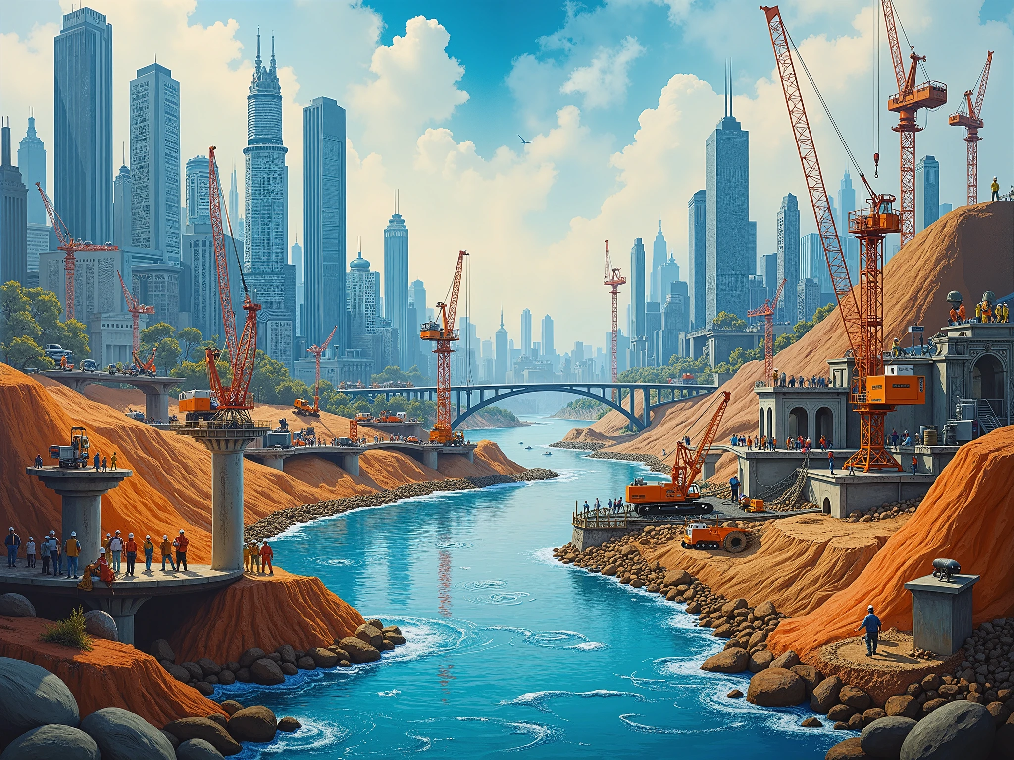 There is a painting of a river with construction cranes in the ...