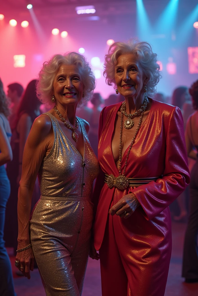 2 80-year-old women , dressed in 70's Saturday Night Fever clothes ...