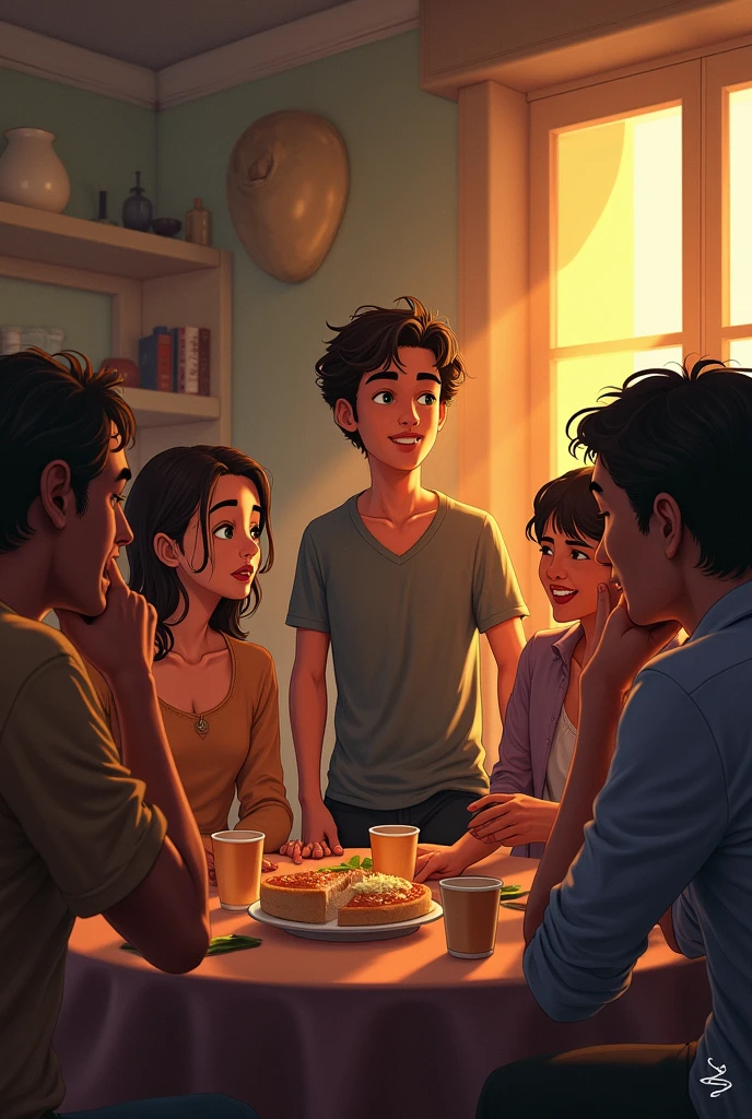 A drawing of Fabián with a group of friends who laugh, while he seems ...