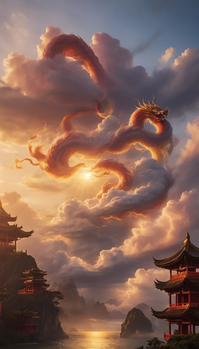 Cloud that looks like a Chinese Dragon illuminated by the rays of the ...