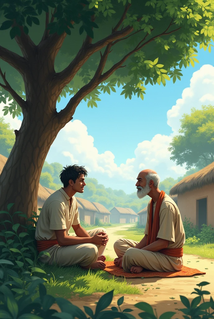 Ek ladka ped ke niche betha ho aur ek dada se baat kar raha ho - SeaArt AI