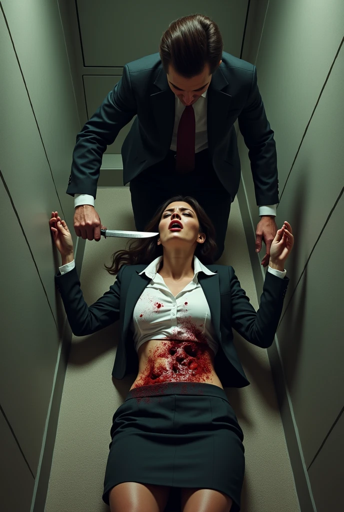 Young woman wearing office clothes disemboweled with a knife - SeaArt AI