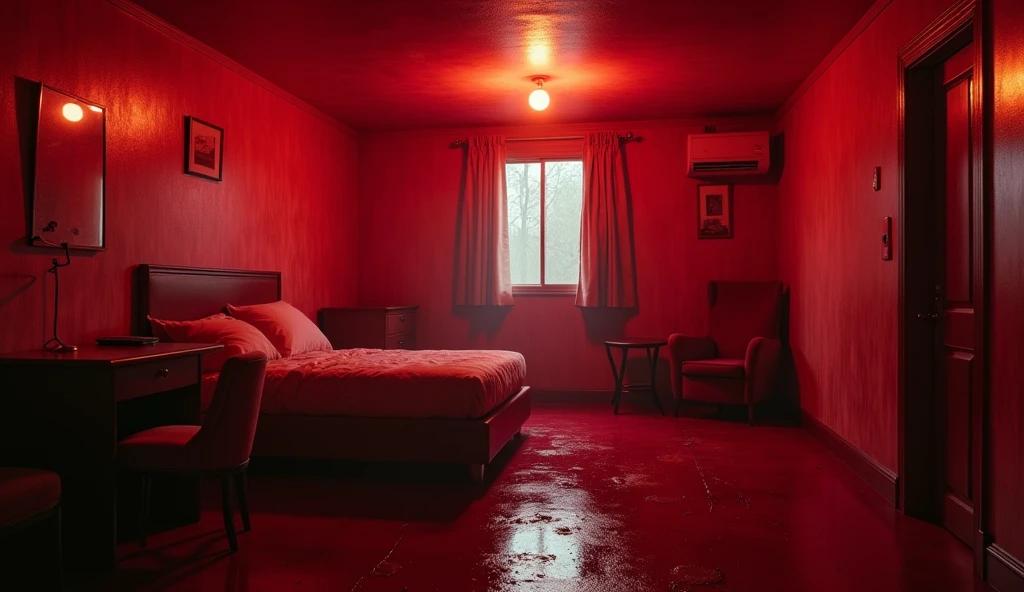 A motel room everything is blood red , blood spray over the floor wall ...