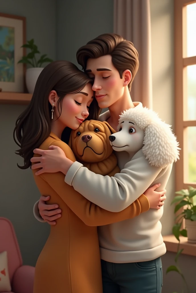 A woman hugging her dog Sharpei and a man hugging her white poodle dog ...