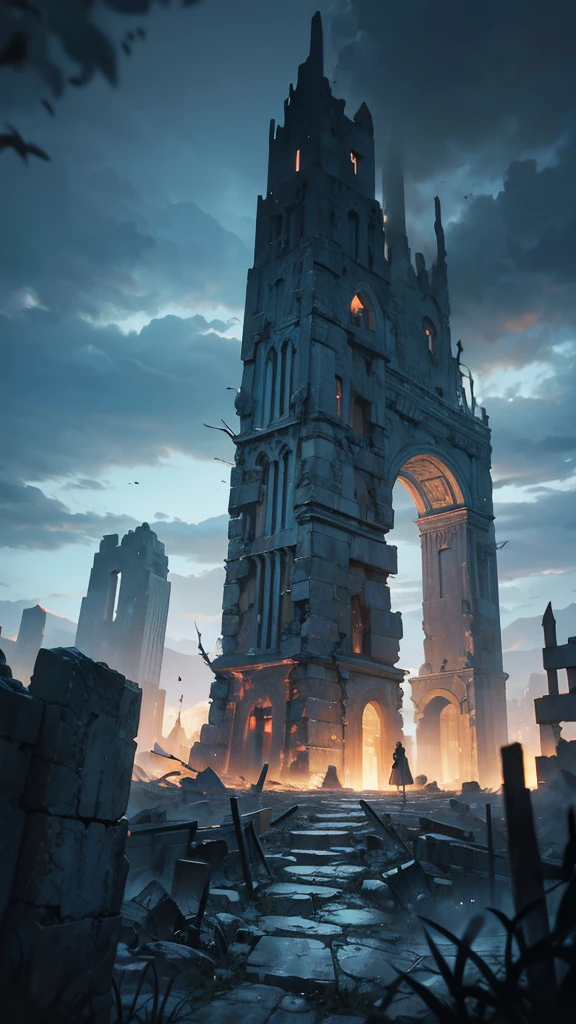 “A post-apocalyptic ancient city covered in ash, with crumbling stone ...
