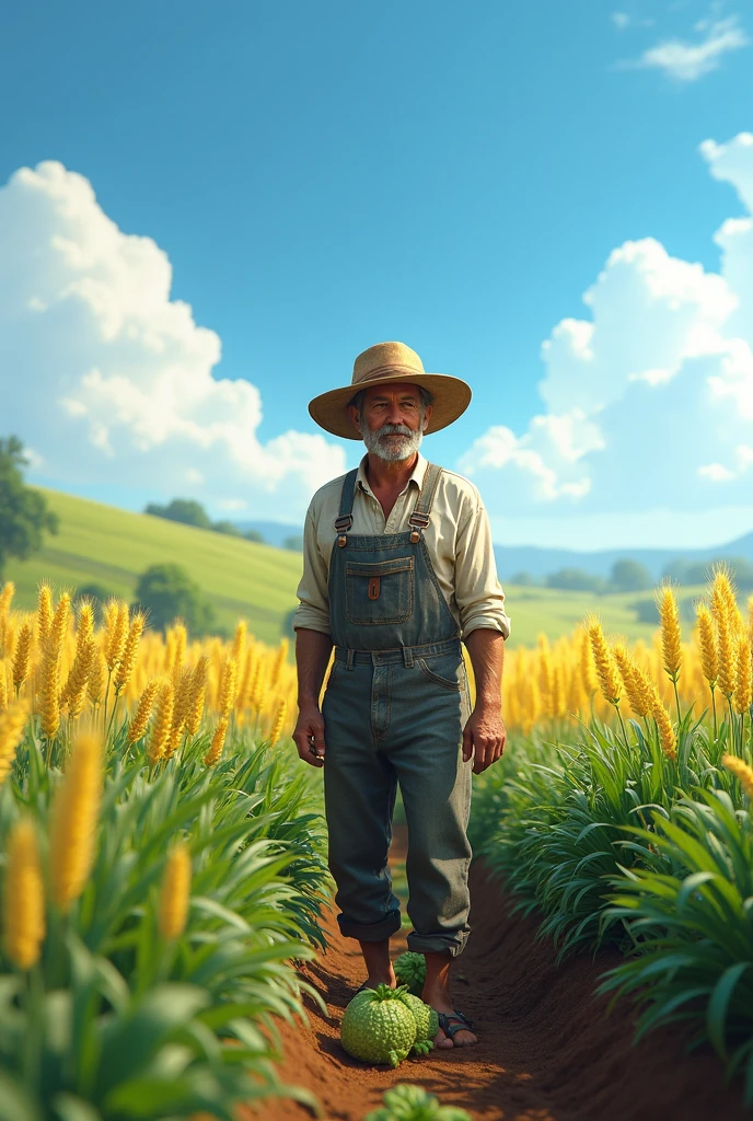 A farmer working in his lush green fields under a clear blue sky ...
