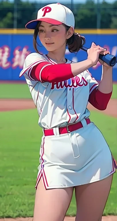 A woman in a Philadelphia Phillies uniform throws a ball at a baseball ...