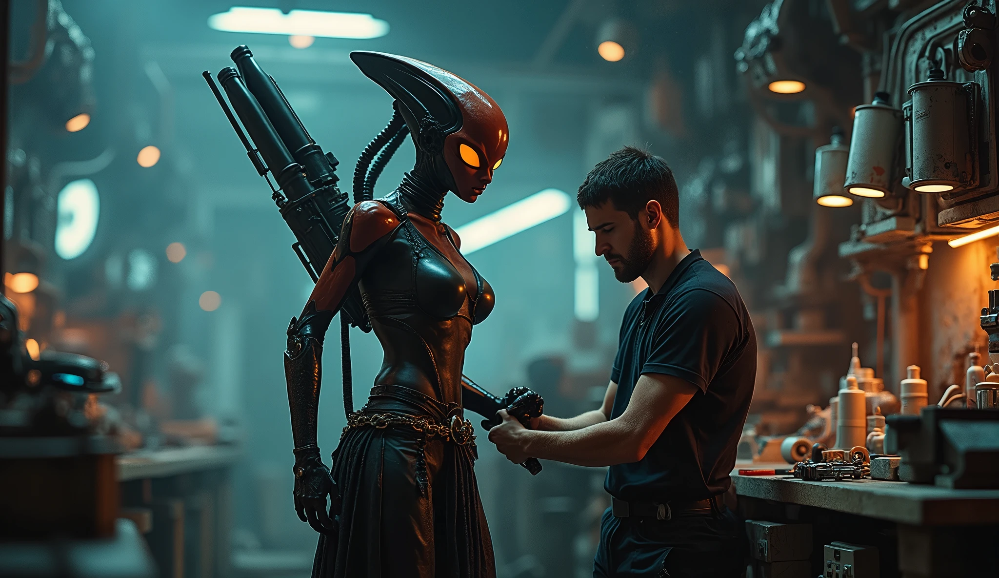 They are looking at a robot in a kitchen with a man - SeaArt AI