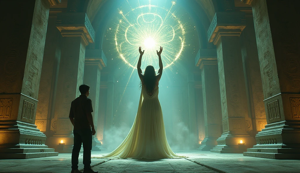 "An ancient alien temple bathed in glowing runes, with a powerful ...